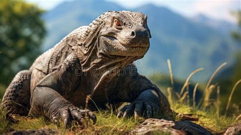 Komodo Dragon Close Up Portrait Of Wild Monitor Lizard In Summer Big