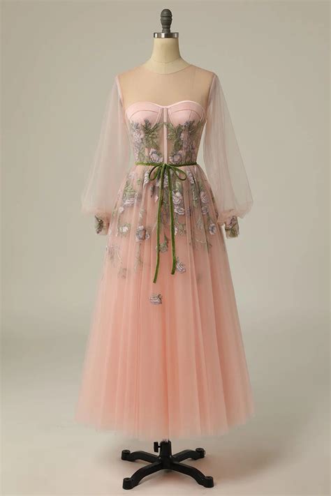 A Line Long Sleeve Prom Dresses With Floral Embroidery Long Formal Dre