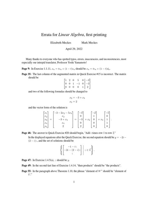 Errata Updated April 2022 Errata For Linear Algebra First Printing