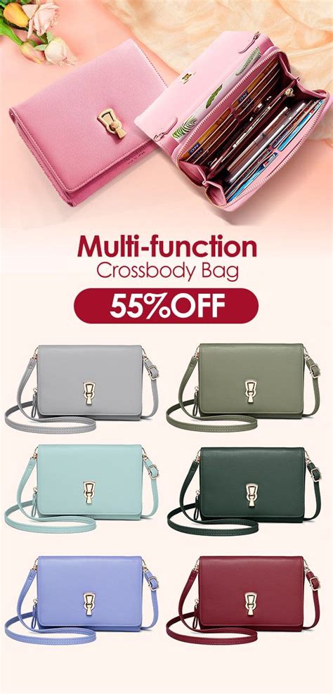 Women Multi Function 12 Card Slot Crossbody Bag Solid Pu Leather