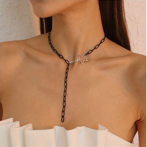 Simple Creative Black Chain Y Shaped Collarbone Five Pointed Star Alloy