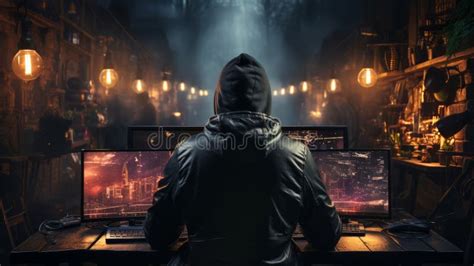 hacker working with laptop in dark room back generative ai stock illustration illustration
