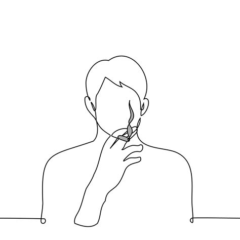 Man Holding A Smoking Cigarette In His Hands Near His Face One Line
