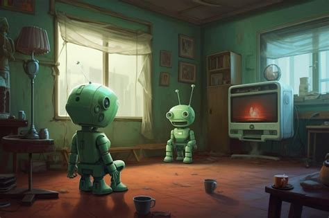 Premium Photo Robots Sit In A Living Room One Of Them Is Wearing
