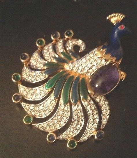 Enamel Peacock Figural Brooch Pin Rhinestones Signed Keyes Canada
