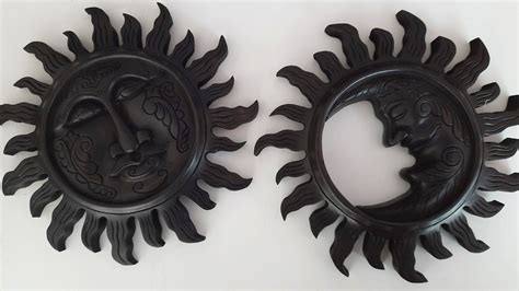Hand Geschnitzt E Holz Sonne Und Mond Plaque Vintage Etsy