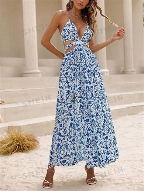 SHEIN VCAY Allover Floral Print Backless Knot Halter Neck Slit Thigh Dress SHEIN USA