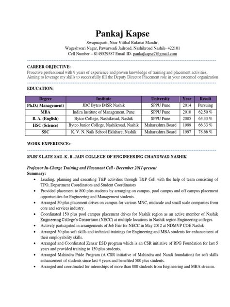 Pankaj Kapse Cv Pdf Pdf Master Of Business Administration Sales