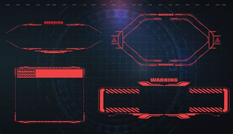 미래 화면 Hud Gui Ui 및 제목 경고 위험 경고 인쇄 및 웹용 Hud 요소가 있는 개념 레이아웃입니다 미래지향적인 빨간색 경고 프레임 하이테크 콜아웃 바 라벨 디지털