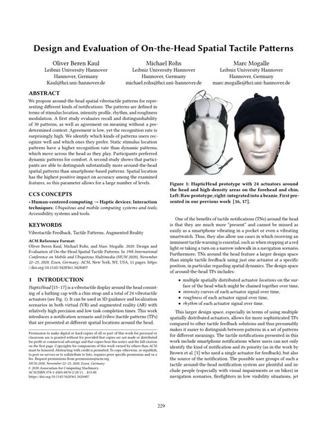 Pdf Design And Evaluation Of On The Head Spatial Tactile Patterns