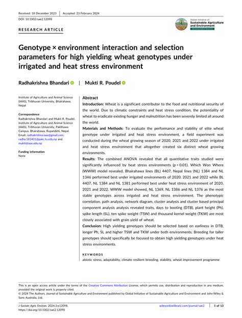 Pdf Genotype × Environment Interaction And Selection Parameters For