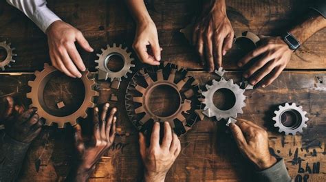 Hands Of Diverse Individuals Collaborate To Assemble Interlocking Gears Symbolizing Teamwork