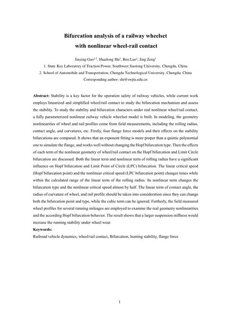 Pdf Bifurcation Analysis Of A Railway Wheelset With Nonlinear Wheel Rail Contact