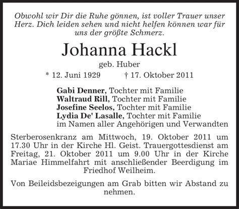 Traueranzeigen Von Johanna Hackl Trauer Merkur De