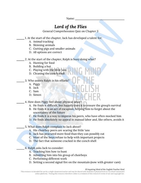 Lord Of The Flies Quiz Close Reading Vocabulary Game Test And