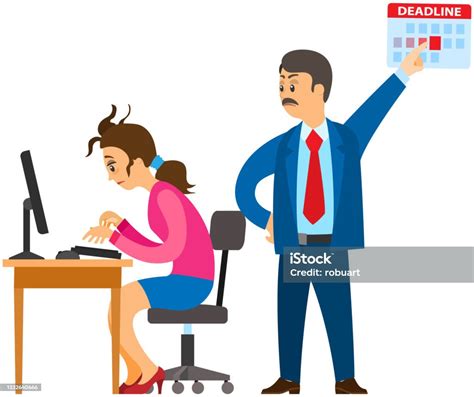 여자는 마감일 전에 작업을 완료하기 위해 컴퓨터에서 작동합니다 사무실에서 성난 상사는 직원을 촉구 가공의 인물에 대한 스톡 벡터 아트 및 기타 이미지 Istock