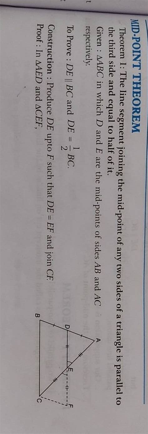 Mid Point Theoremtheorem 1 The Line Segment Joining The Mid Point Of An