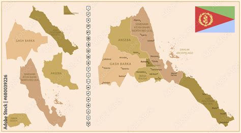 Eritrea Detailed Map Of The Country In Brown Colors Divided Into