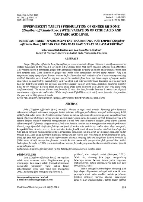 Pdf Effervescent Tablets Formulation Of Ginger Rhizome Zingiber Officinale Rosc With