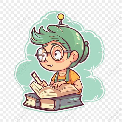 卡通人物戴著眼鏡綠頭髮讀書讀書 向量知识eps圖案素材免費下載，可愛卡通圖片，尺寸4267 × 4267px Lovepik