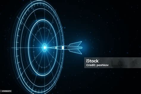 어두운 배경에 네온 블루의 추상 디지털 레이더 및 화살표 디자인 내비게이션의 개념 3d 렌더링 0명에 대한 스톡 사진 및 기타