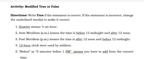 Activity Modified True Or False Directions Write True If The Statement Is Correct If The