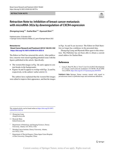 Retraction Note To Inhibition Of Breast Cancer Metastasis With