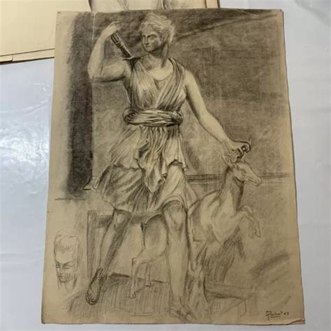 ANCIEN GRAND DESSIN Académique Fusain Nu Mythologie Diane Chasseresse Fontaineb EUR