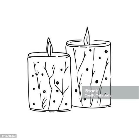 자연 장식으로 두 개의 불타는 장식 양초 손으로 그린 낙서 스타일 벡터 삽화 편안함 아로마 테라피를위한 수제 양초를 선물하십시오 12월에 대한 스톡 벡터 아트 및 기타