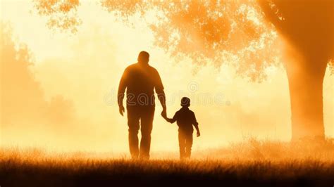 Father And Son Walking Hand In Hand Through A Sunlit Park At Dawn AI Stock Photo Image Of