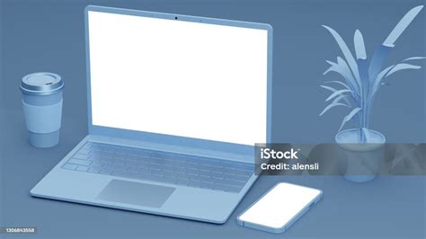 단색 3d 렌더링 사무실 장면 빈 화면이있는 노트북과 스마트 폰 모형으로 사용할 수 있습니다 0명에 대한 스톡 사진 및 기타 이미지 Istock
