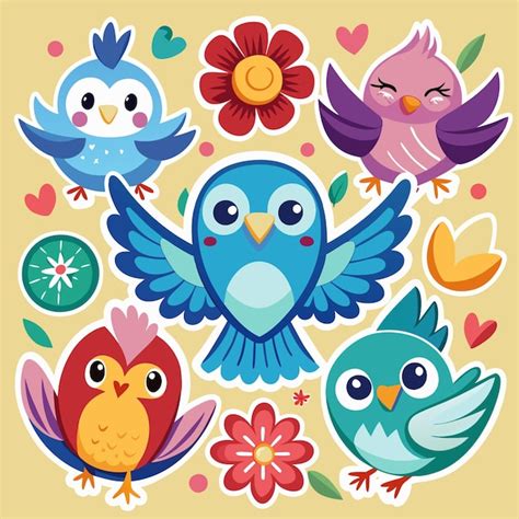 Des Oiseaux De Dessin Animé Avec Des Fleurs Et Des Cœurs Vecteur