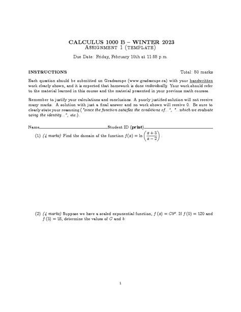 Assignment 1 Template Note Calculus 1000 B ñ Winter 2023 Assignment