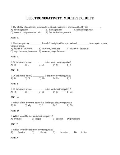 Electron Affinity Electronegativity Multiple Choice Grade 11 Chemistry With Answers 11pg