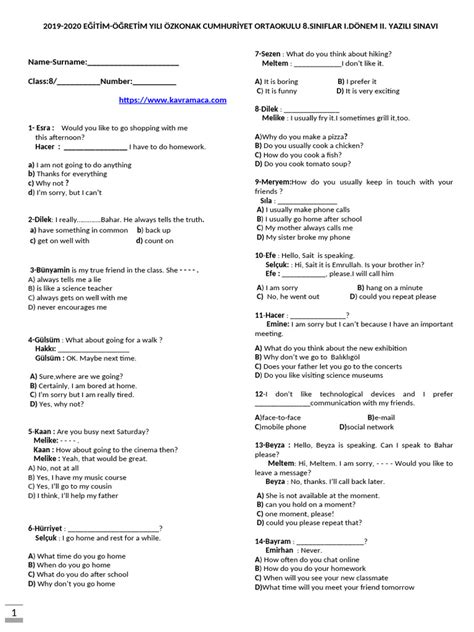 8 Sinif Ingilizce 1 Donem 2 Yazili Pdf