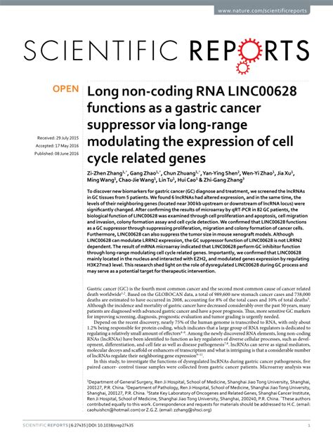 Pdf Long Non Coding Rna Linc00628 Functions As A Gastric Cancer Suppressor Via Long Range