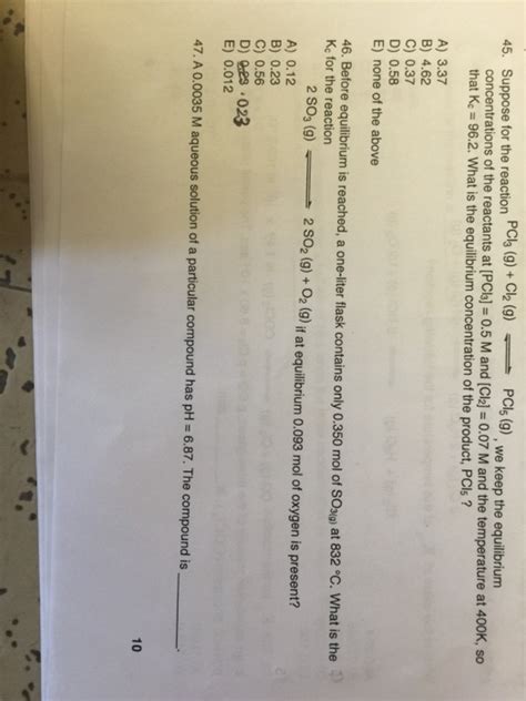 Solved Suppose For The Reaction Pcl 3 G Cl 2 G Pcl 5 Chegg