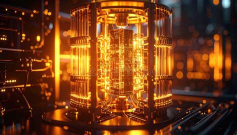 A Glowing Futuristic Core Reactor Inside A High Tech Industrial Facility During Nighttime Stock