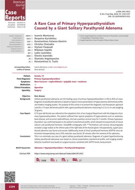 PDF A Rare Case Of Primary Hyperparathyroidism Caused By A Giant Solitary Parathyroid Adenoma