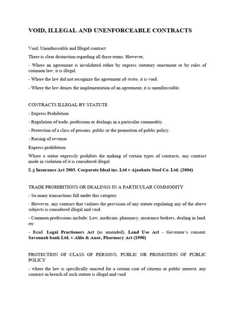 Void Illegal And Unenforceable Contract 1 1 Pdf Common Law Civil Law Legal System