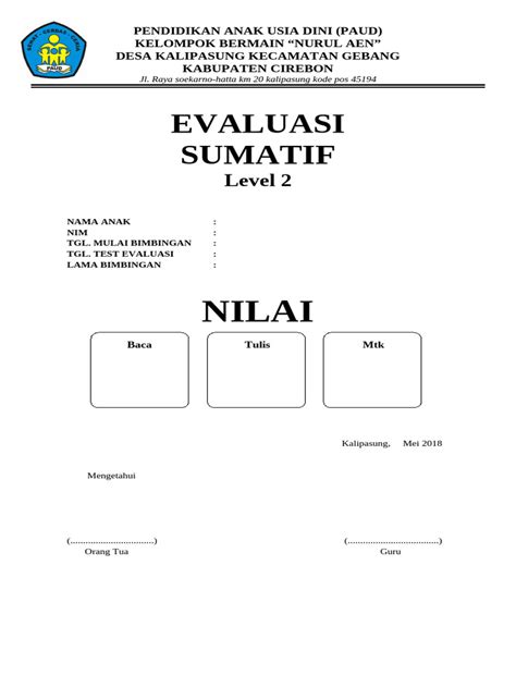 Contoh Lembar Evaluasi Sumatif Paud Pdf