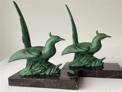 Stel Art Deco Boekensteunen Paradijsvogels Serre Livres Zamac