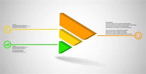 3d 그림 Infographic 템플릿입니다 양각된 삼각형 3 색 부분으로 나누어져 있습니다 개체는 비스듬히 회색 흰색 바탕에 배열 원형에서 간단한 표지판 컬러 라인 양쪽