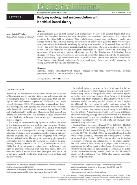 Pdf Unifying Ecology And Macroevolution With Individual Based Theory