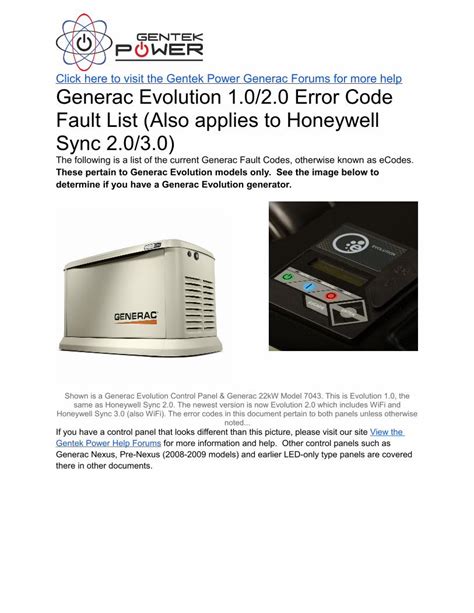 Pdf Generac Evolution 1020 Error Code Fault List Also Dokumentips