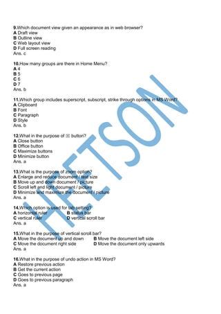 MS Word MCQ Microsoft Office Related Question PDF