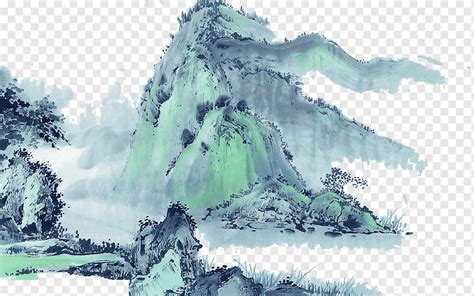 흰색과 파란색 눈 산 그림 중국 중국어 회화 풍경화 잉크 세척 그림 산 수채화 그림 푸른 풍경 Png Pngwing