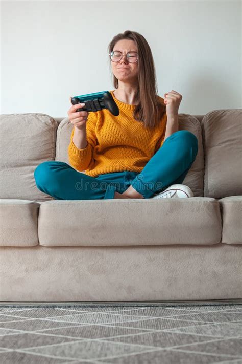 Woman Gamer Playing Mobile Phone Online Game Loser Holding In Hands