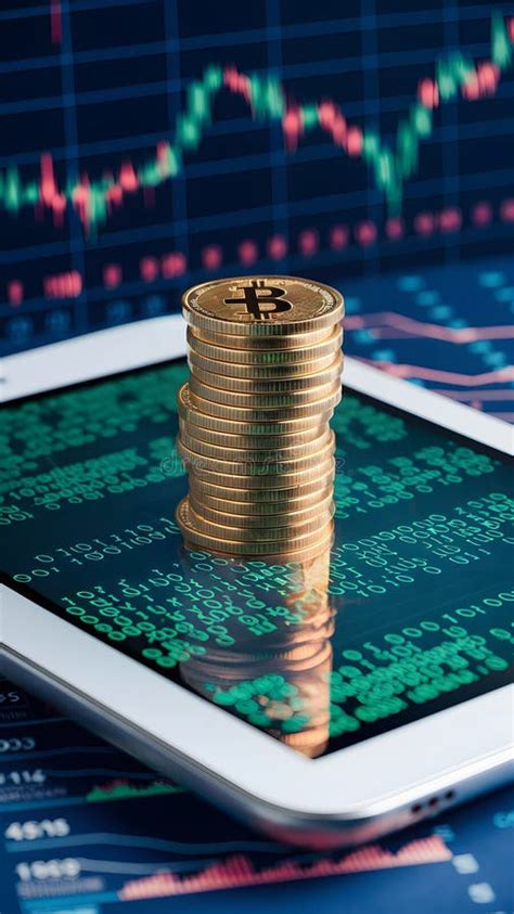 Electronic Device Showing Binary Code Stack Of Gold Coins Stock