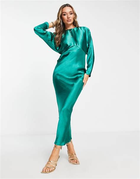 Asos Design Satin Batwing Bias Cut Maxi Dress In Green Asos